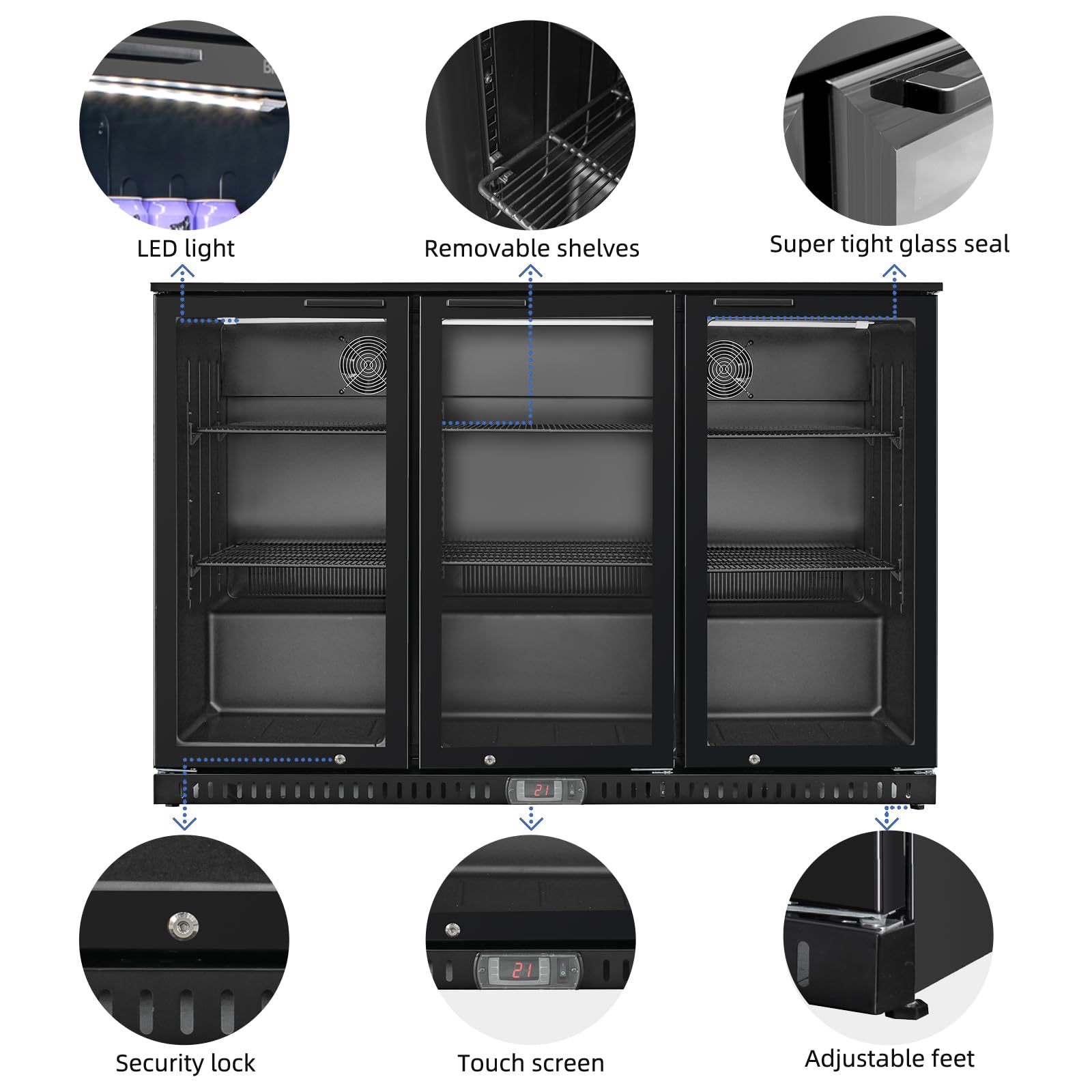 BLUELINETECH Back Bar Cooler, 3 Glass Door Commercial Beverage Cooler Undercounter Refrigerator with LED Lighting, 11.5 cu.ft, 53” Wide