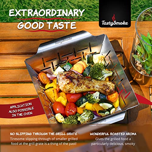 tastysmoke® Premium stainless steel grill basket usable as vegetable basket, fish grill basket and grill tray - universally applicable and particularly durable grill pan for the grill - the ideal grill accessory (Medium Basket)