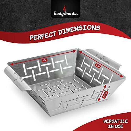 tastysmoke® Premium stainless steel grill basket usable as vegetable basket, fish grill basket and grill tray - universally applicable and particularly durable grill pan for the grill - the ideal grill accessory (Medium Basket)