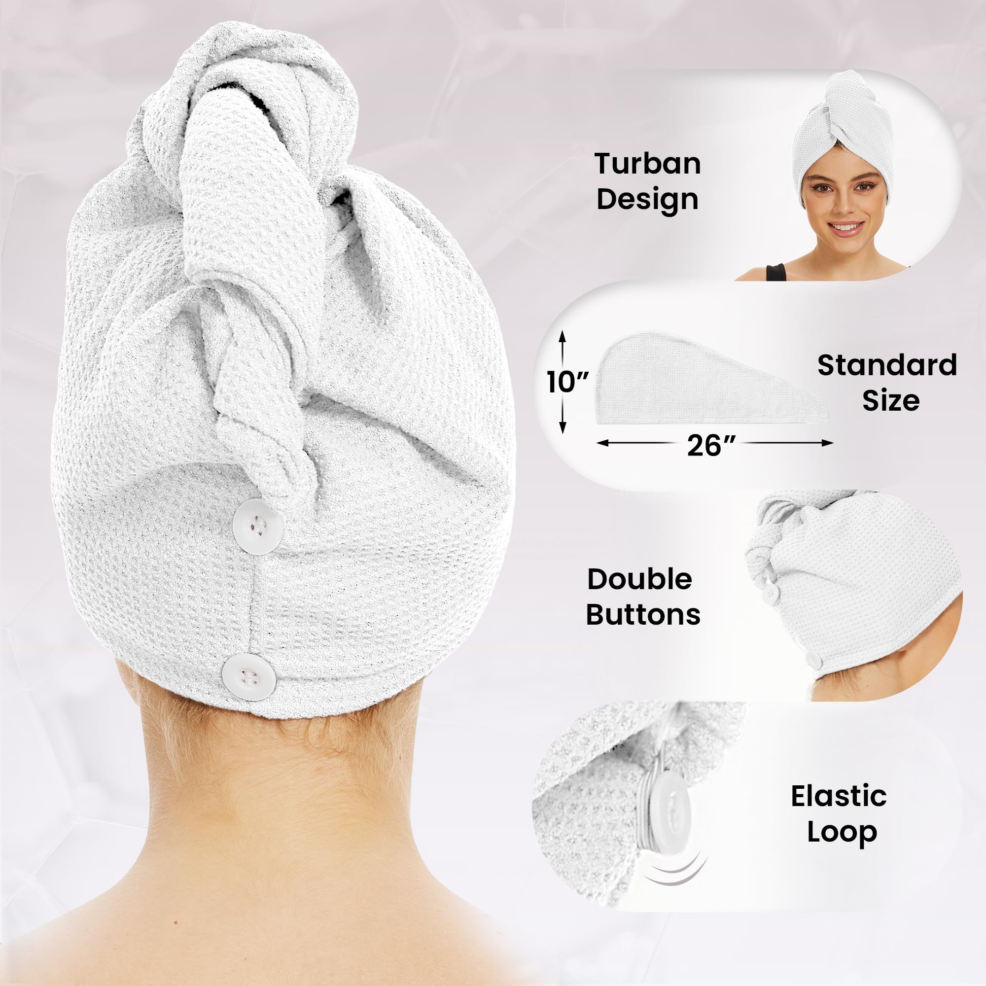 SimpleField Microfiber Hair Towel Wrap for Women - White - 350 gsm - Absorbent & Gentle Quick Drying - Reduce Frizz and Hair Damage