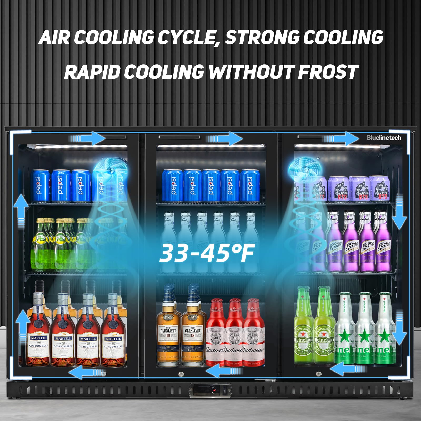 BLUELINETECH Back Bar Cooler, 3 Glass Door Commercial Beverage Cooler Undercounter Refrigerator with LED Lighting, 11.5 cu.ft, 53” Wide