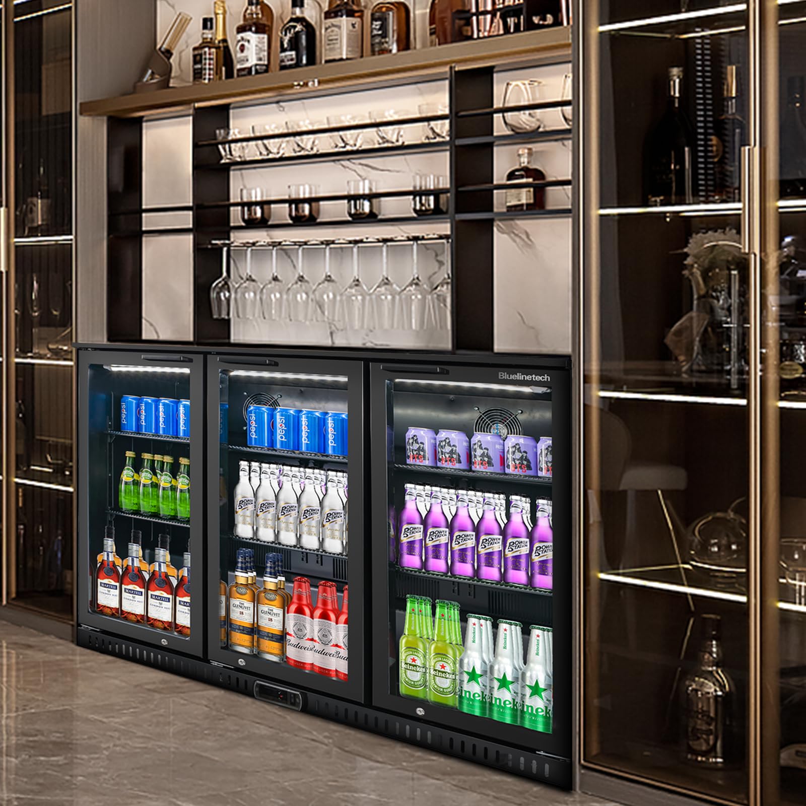 BLUELINETECH Back Bar Cooler, 3 Glass Door Commercial Beverage Cooler Undercounter Refrigerator with LED Lighting, 11.5 cu.ft, 53” Wide