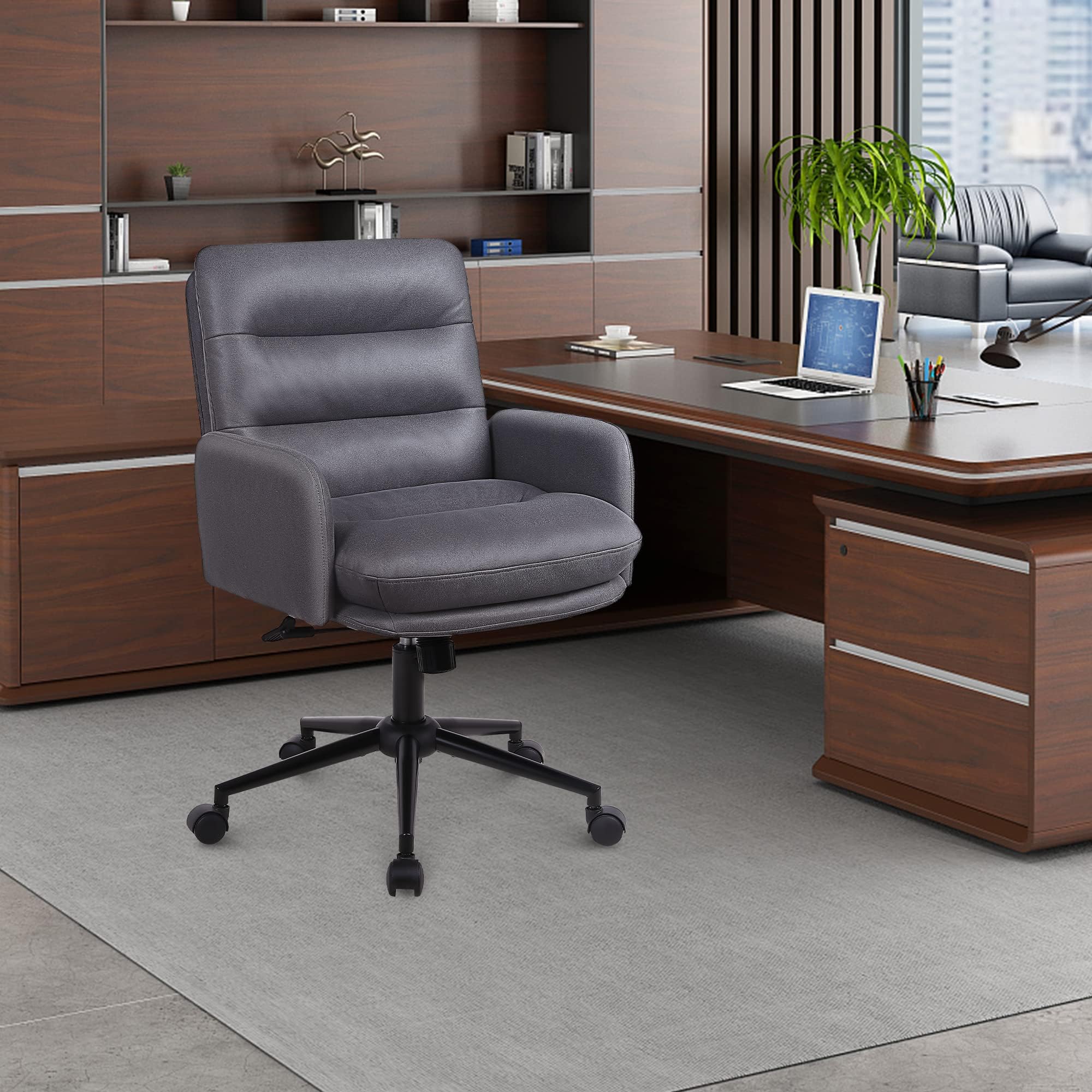 Modern Mid Back Computer Desk Chair with Wheels, Adjustable Home Office Chair, Ergonomic Upholstered Swivel Chair, Grey