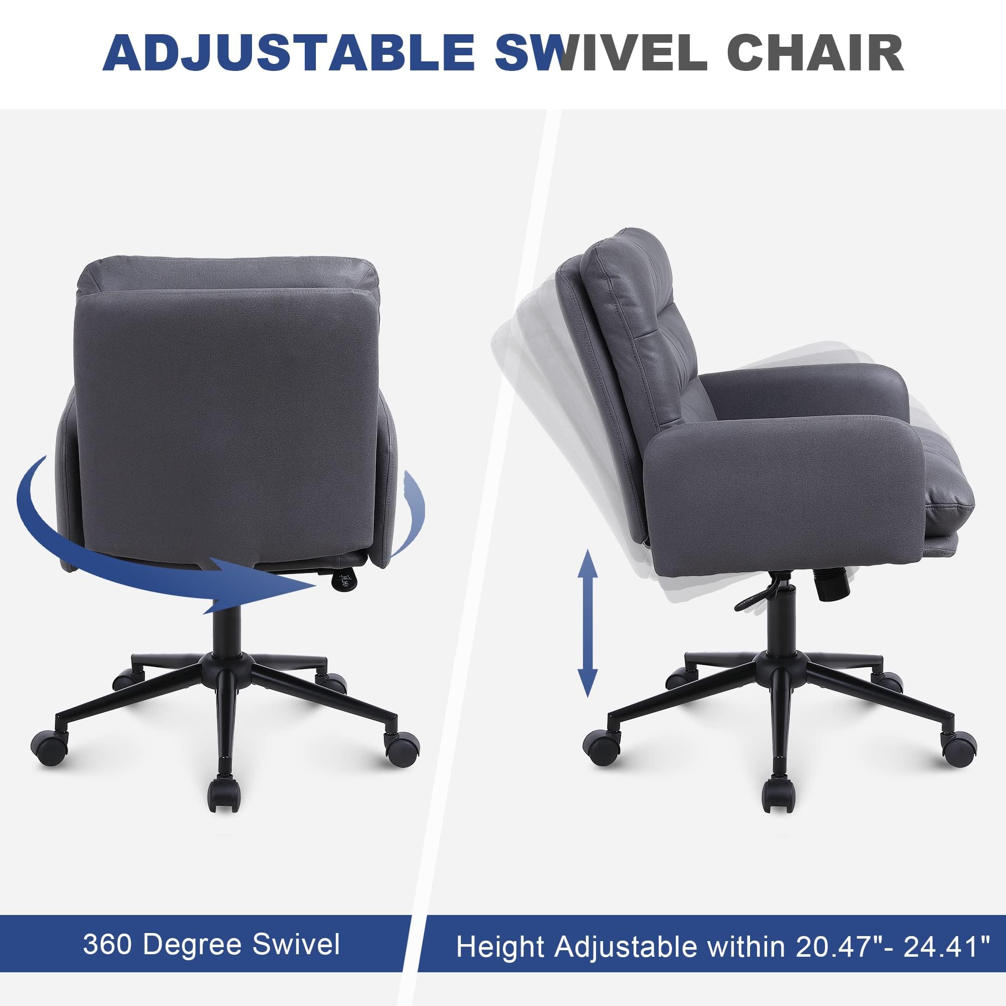 Modern Mid Back Computer Desk Chair with Wheels, Adjustable Home Office Chair, Ergonomic Upholstered Swivel Chair, Grey