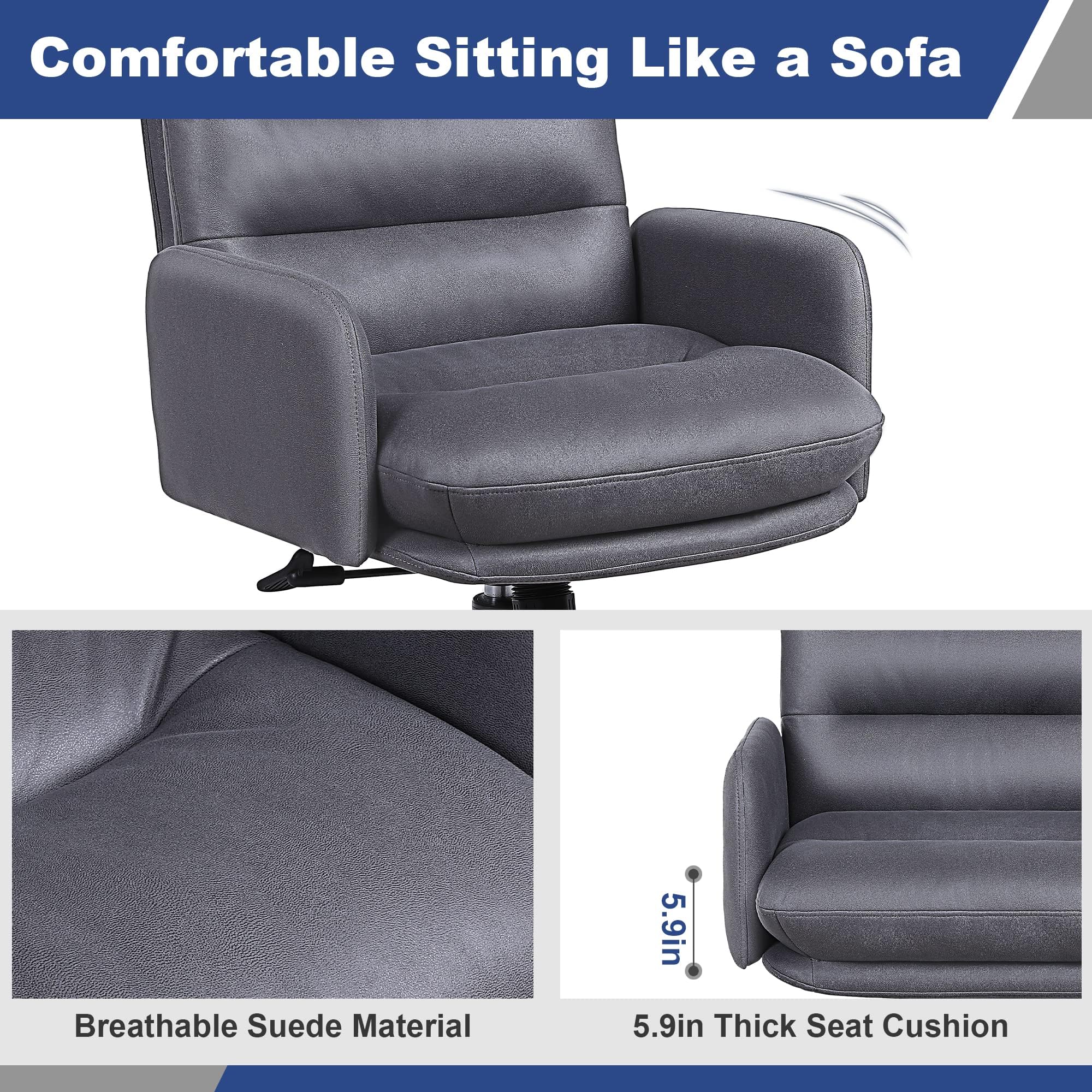 Modern Mid Back Computer Desk Chair with Wheels, Adjustable Home Office Chair, Ergonomic Upholstered Swivel Chair, Grey
