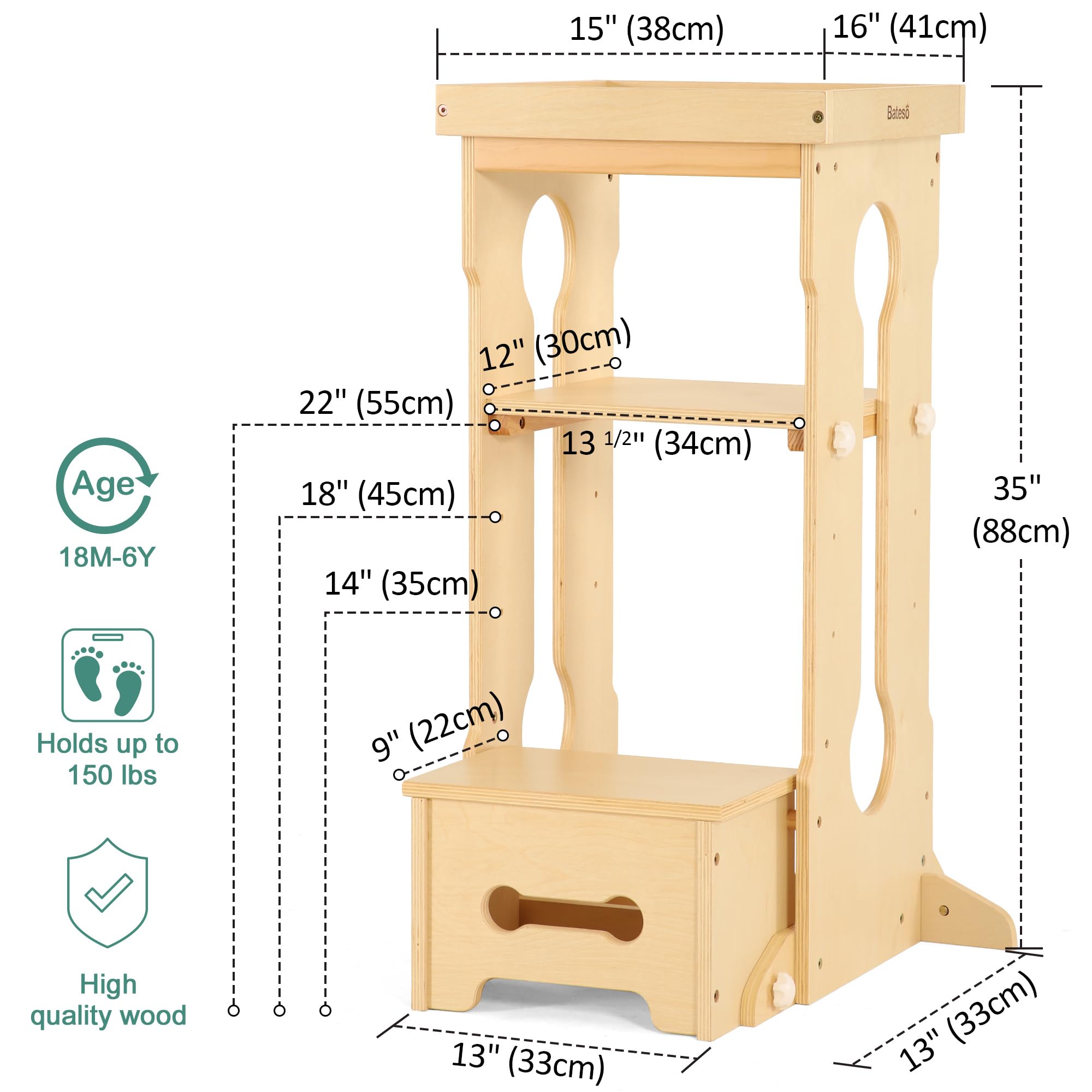 Bateso Toddler Standing Tower, Adjustable Height Toddler Kitchen Stool Helper for Kids 1-6, Toddler Kitchen Step Stool with 2 Detachable Nets, Wooden Montessori Toddler Tower for Kitchen Counter