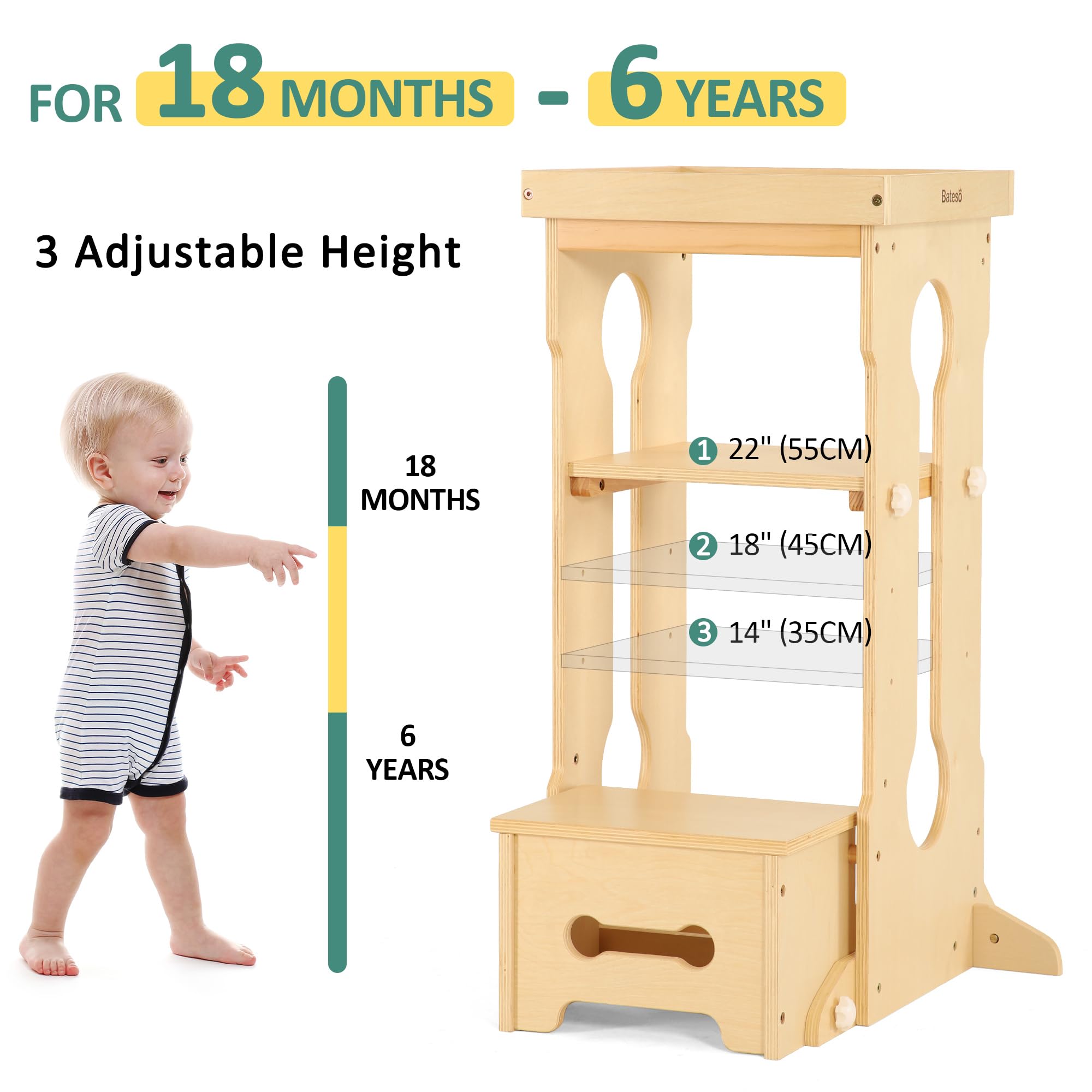 Bateso Toddler Standing Tower, Adjustable Height Toddler Kitchen Stool Helper for Kids 1-6, Toddler Kitchen Step Stool with 2 Detachable Nets, Wooden Montessori Toddler Tower for Kitchen Counter
