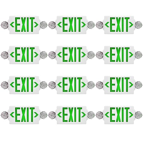 Green LED Exit Sign Emergency Lights with 2 Adjustable Head Lights, Green Letter Emergency Exit Light With Battery backup For Restaurant, Commercial, Family Emergency, UL-Listed 120-277V