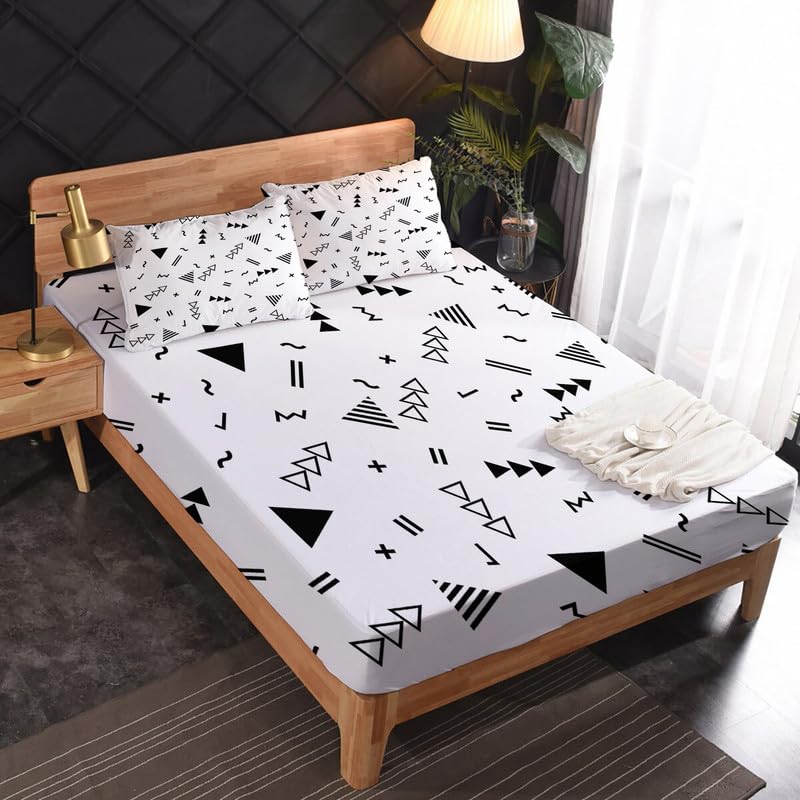 zcsm Geometric Sheets Full Size - White Bed Sheets 4 Piece & 16 Inch Deep Pocket, Soft 600 Thread Microfiber Wrinkle Free Bedding Sheets, 1 Fitted Sheet, 1 Flat Sheet, 2 Pillowcases