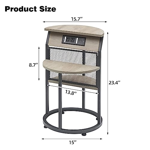 IDEALHOUSE Round End Table with Charging Station, Grey Wood Side Table with USB Ports and Outlets, Sturdy Circle Farmhouse End Table for Living Room, Bedroom and Couch