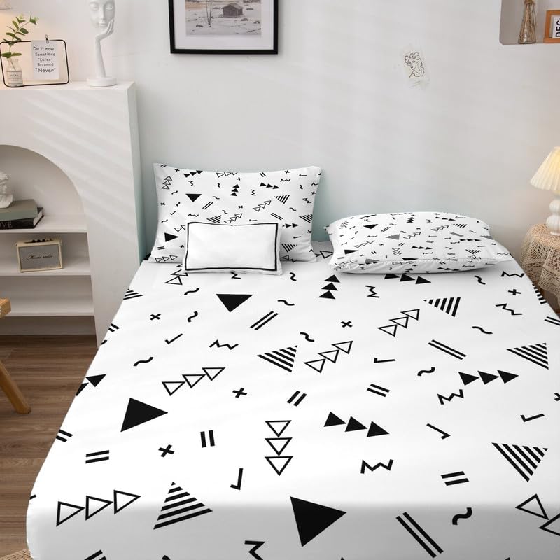 zcsm Geometric Sheets Full Size - White Bed Sheets 4 Piece & 16 Inch Deep Pocket, Soft 600 Thread Microfiber Wrinkle Free Bedding Sheets, 1 Fitted Sheet, 1 Flat Sheet, 2 Pillowcases
