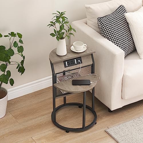 IDEALHOUSE Round End Table with Charging Station, Grey Wood Side Table with USB Ports and Outlets, Sturdy Circle Farmhouse End Table for Living Room, Bedroom and Couch