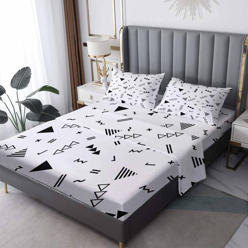 zcsm Geometric Sheets Full Size - White Bed Sheets 4 Piece & 16 Inch Deep Pocket, Soft 600 Thread Microfiber Wrinkle Free Bedding Sheets, 1 Fitted Sheet, 1 Flat Sheet, 2 Pillowcases
