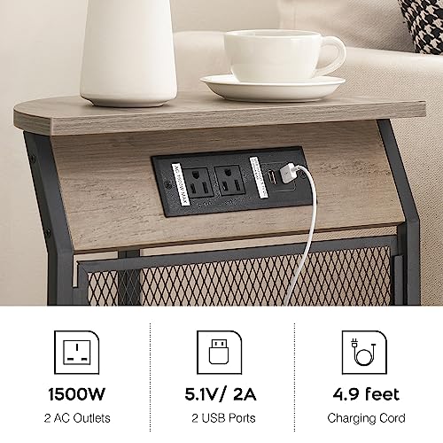 IDEALHOUSE Round End Table with Charging Station, Grey Wood Side Table with USB Ports and Outlets, Sturdy Circle Farmhouse End Table for Living Room, Bedroom and Couch
