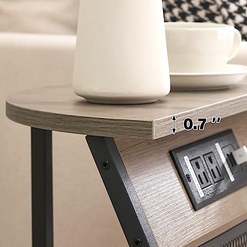 IDEALHOUSE Round End Table with Charging Station, Grey Wood Side Table with USB Ports and Outlets, Sturdy Circle Farmhouse End Table for Living Room, Bedroom and Couch
