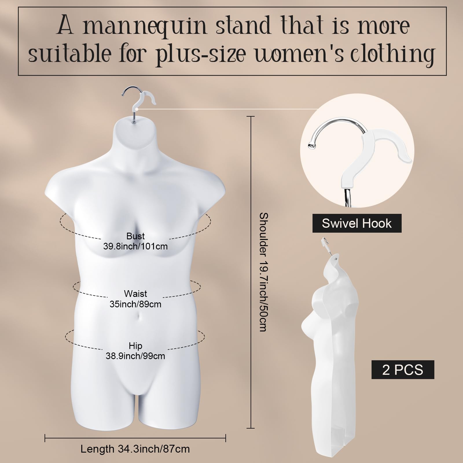 Kigley 2 Pcs Plus Size Female Mannequin with Hook Hip Long Hollow Back Hanging Mannequin Torso White Female Half Mannequin Body Dress Form Clothing Shirt Dress Accessories Display