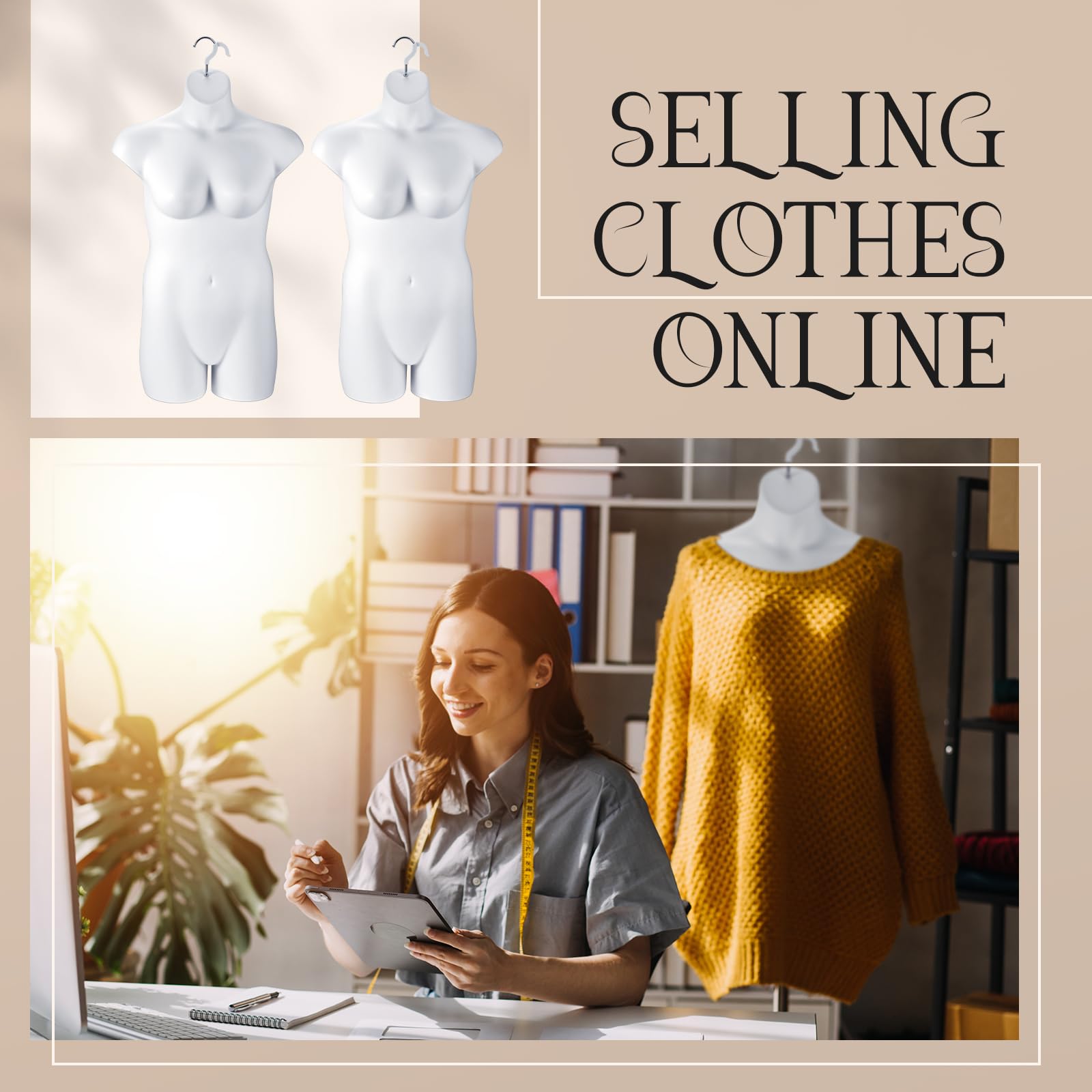 Kigley 2 Pcs Plus Size Female Mannequin with Hook Hip Long Hollow Back Hanging Mannequin Torso White Female Half Mannequin Body Dress Form Clothing Shirt Dress Accessories Display