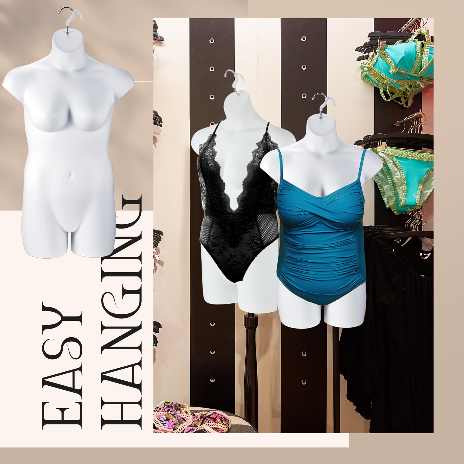 Kigley 2 Pcs Plus Size Female Mannequin with Hook Hip Long Hollow Back Hanging Mannequin Torso White Female Half Mannequin Body Dress Form Clothing Shirt Dress Accessories Display