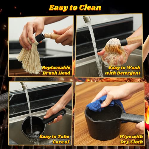 Cast Iron Sauce Pot and BBQ Mop Brush Set for Grilling, 7 Pcs Barbecue Accessories include 24 oz Heat Preservation Heavy Basting Melting Pot, 2Pcs Wooden Long Handle Sauce Mops and 4Pcs Replacements