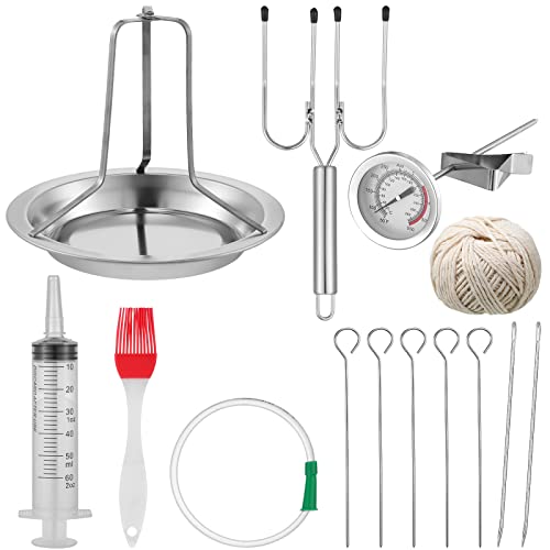 Newtay 14 Pcs Thanksgiving Turkey Roaster Serving Set, Chicken Rack Stainless Steel Upright Roast Holder, Meat Thermometer, Lifter, Metal Skewers Trussing Needle, Basting Brush, Twine