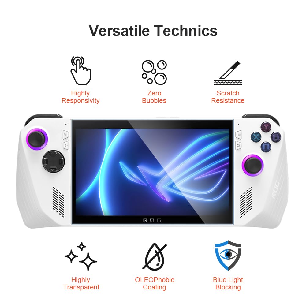 Qwiizlab 2 Pack Screen Protector for ASUS ROG Ally X/ROG Ally Handheld 7 inch 2023, Tempered Glass, 9H Hardness, Scratch Resistant, Anti-Fingerprint, Anti Glare, Blue Light Block