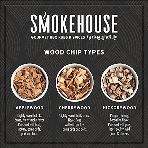 Smokehouse by Thoughtfully, Smoking BBQ Grill Set, Includes 3 Types of Wood Chips, Smoker Box, 2 Sauces and 6 Rubs, Thermometer, Tongs and Grill Guide