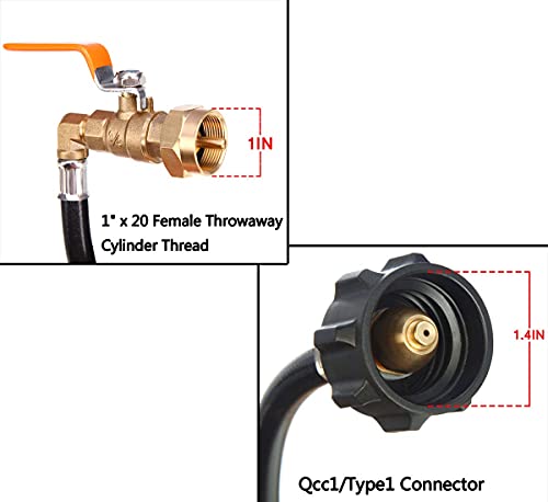New Updated Propane Refill Adapter Hose 36’’ Propane Extension Hose Propane Refill Hose with ON-Off Control Valve for 1 LB Propane Gas Tank 350PSI High Pressure Camping Grill (QCC Type1 Inlet)