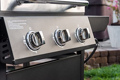 Nexgrill Premium 3 Burner Propane Barbecue Gas Grill, Side Table Open Chart with Wheels, Outdoor Cooking, Patio, Garden Barbecue Grill, 27000 BTUs, Black and Silver