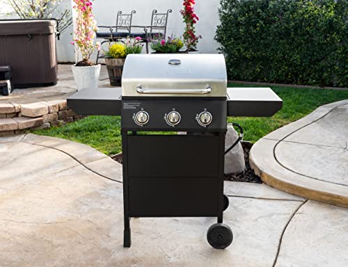 Nexgrill Premium 3 Burner Propane Barbecue Gas Grill, Side Table Open Chart with Wheels, Outdoor Cooking, Patio, Garden Barbecue Grill, 27000 BTUs, Black and Silver