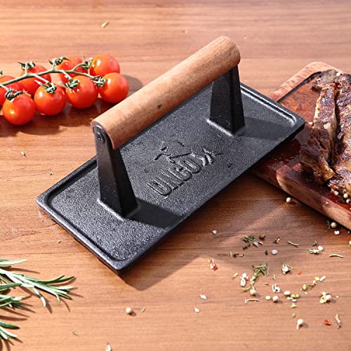 UNCO- Cast Iron Grill Press, 8.5 x 4.1 Inch, 2.6 lbs, Burger Press for Griddle, Sandwich Press, Bacon Press for Griddle, Griddle Press, Meat Press Cast Iron, Hamburger Press for Griddle