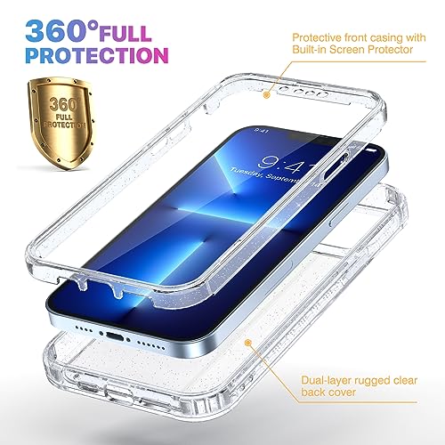 Diaclara Designed for iPhone 13 Pro Max Case [2023 New] Full Body Case with Built-in Touch Sensitive Anti-Scratch Screen Protector, Shockproof Phone Case for iPhone 13 Pro Max 6.7" (Clear Glitter)