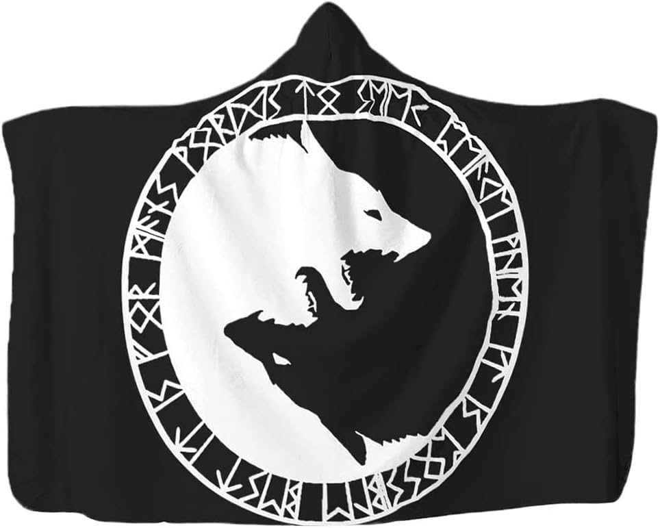 BURNAR Viking 3D Printing Hooded Blanket Warm Soft Yin-Yang Wolf Compass Unisex Winter Wearable Hooded Blanket Double Thick Plush Wool Blanket Cape (Color : Blanket, Size : 50x60in/130x150cm)