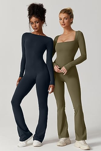 QINSEN Plus Size Jumpsuit for Womens Sexy Open Back Flared Bottom Pants Romper Navy XL
