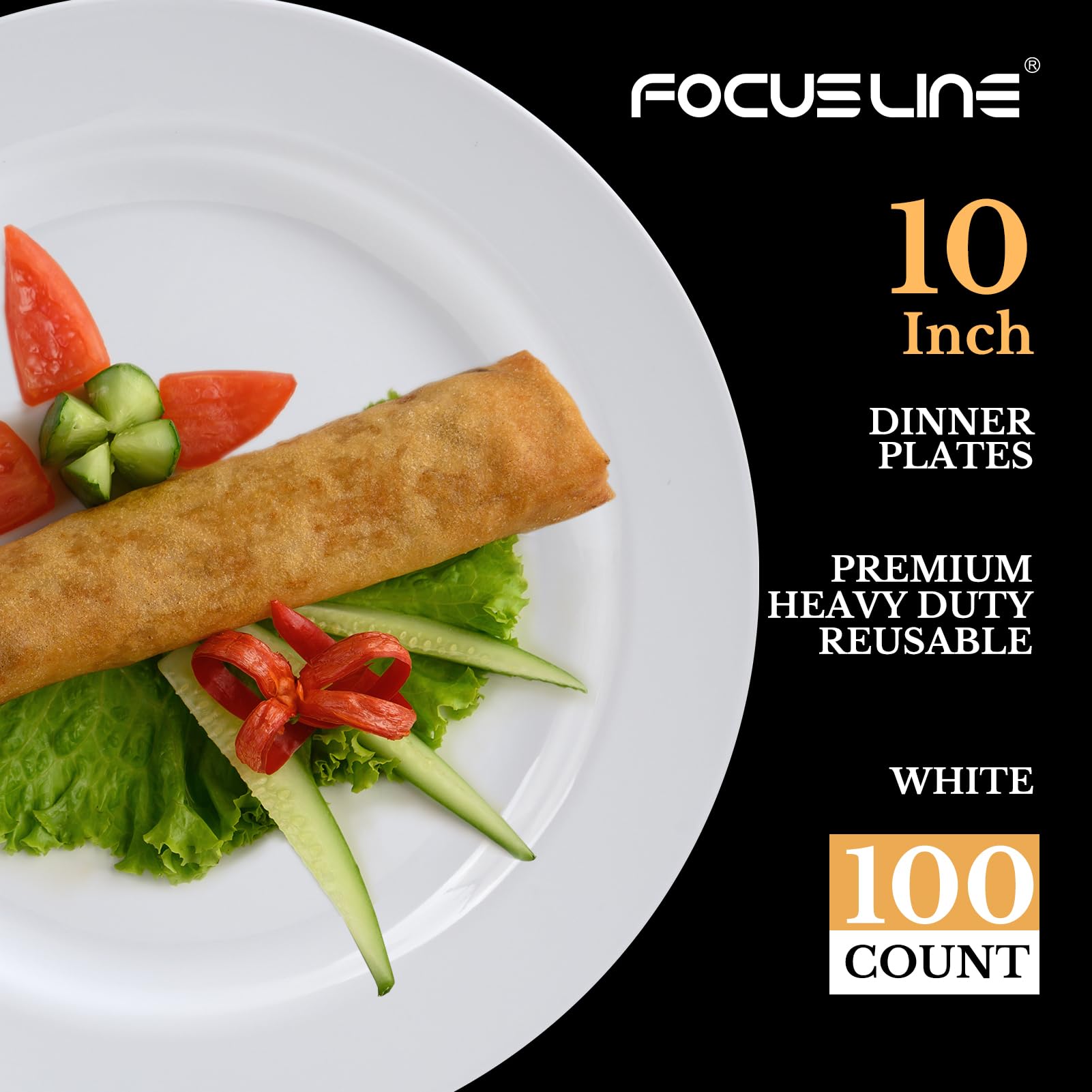 FOCUSLINE 100 Count White Plastic Plates 10 Inch, Disposable Heavy Duty Plastic Dinner Plates- Premium Hard Plastic Plates Fancy Disposable White Plates for Weddings, Parties and Events
