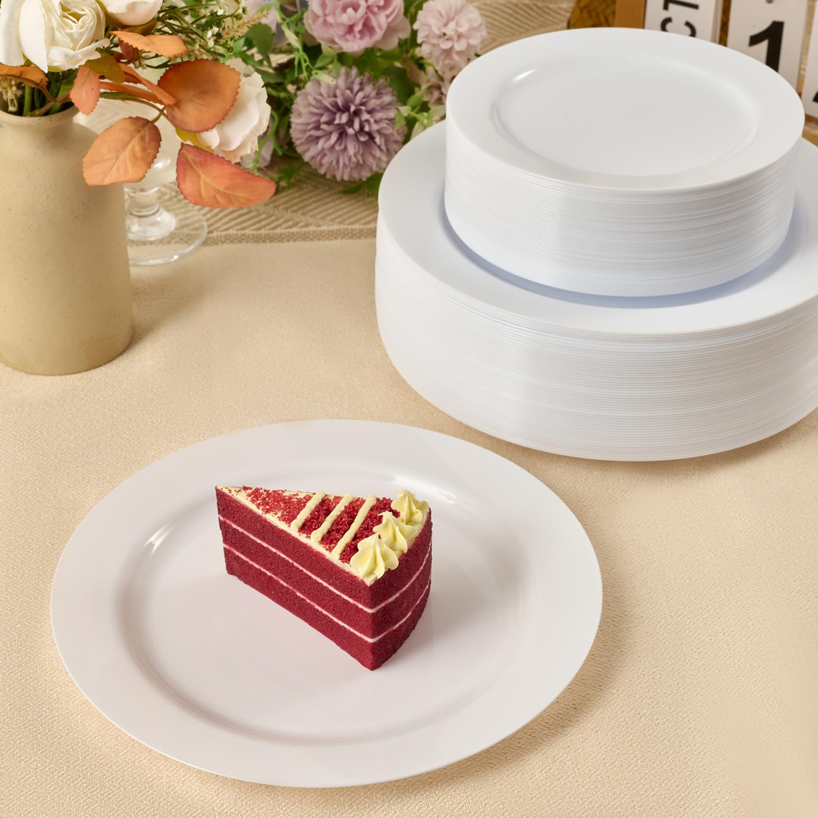 FOCUSLINE 100 Count White Plastic Plates 10 Inch, Disposable Heavy Duty Plastic Dinner Plates- Premium Hard Plastic Plates Fancy Disposable White Plates for Weddings, Parties and Events