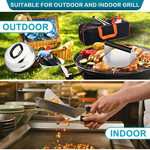 Leonyo Griddle Accessories Set of 14, Flat Top Grill Spatula Stainless Steel Griddle Tools with Metal Scraper, Melting Dome, Hamburger Press for BBQ Teppanyaki Hibachi Cooking, Camping Grilling