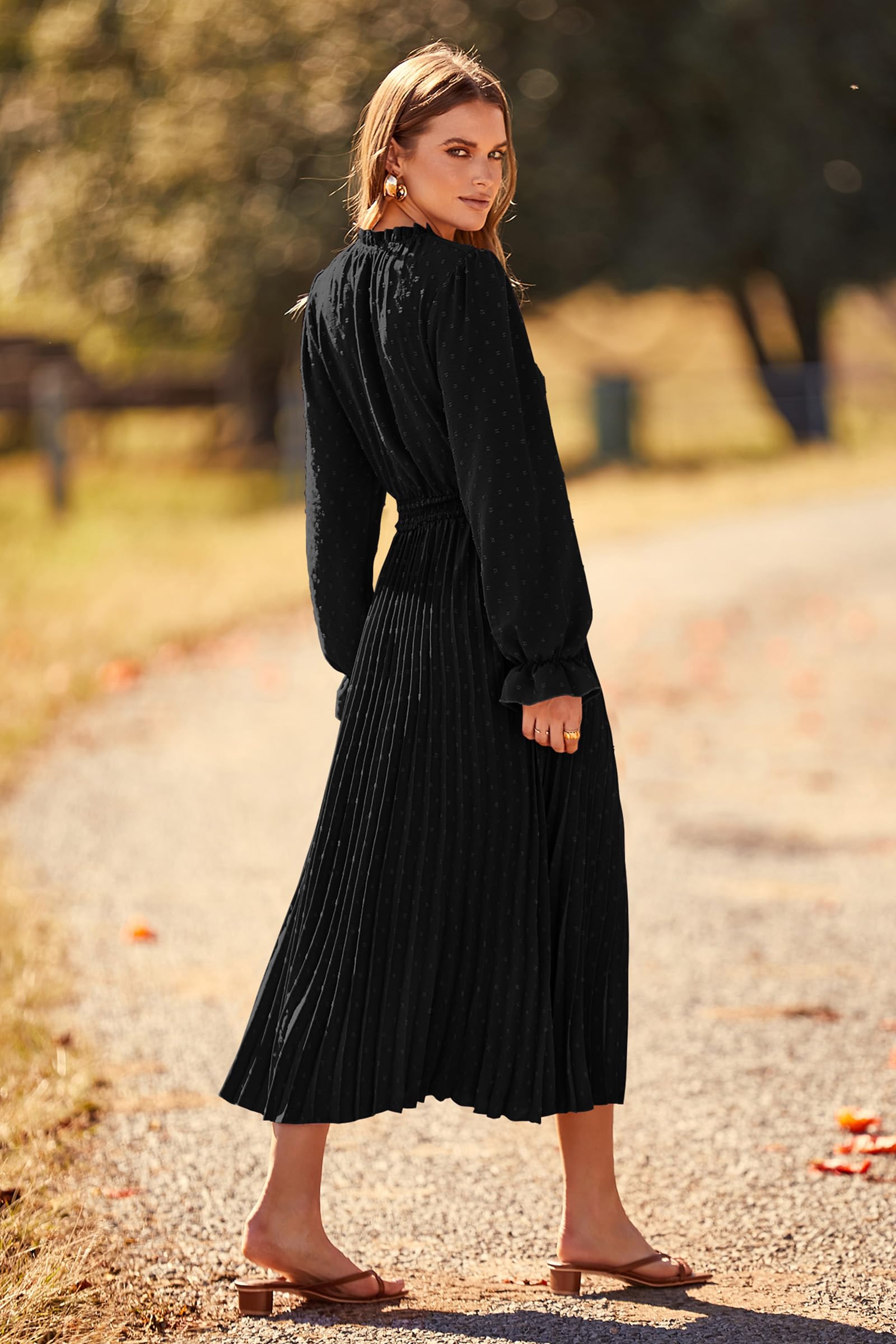 PRETTYGARDEN Women's 2024 Fall Midi Dress Casual Long Sleeve V Neck Swiss Dot Pleated A Line Flowy Dresses (Black,Medium)