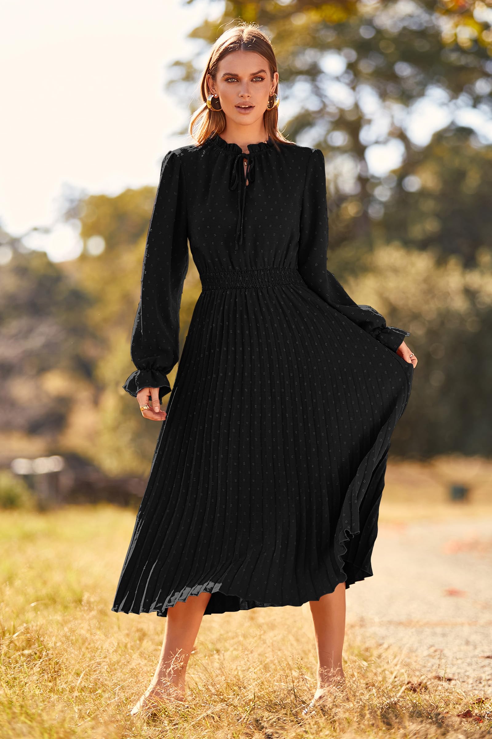 PRETTYGARDEN Women's 2024 Fall Midi Dress Casual Long Sleeve V Neck Swiss Dot Pleated A Line Flowy Dresses (Black,Medium)