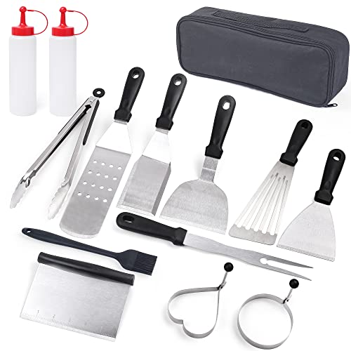 Griddle Accessories Kit, 14pc, Stainless Steel BBQ Barbecue Tools Set for Blackstone Flat Tops, Includes Spatulas, Tongs, Scraper Tools, Brush, Fork, Squeeze Bottles, Carrying Bag