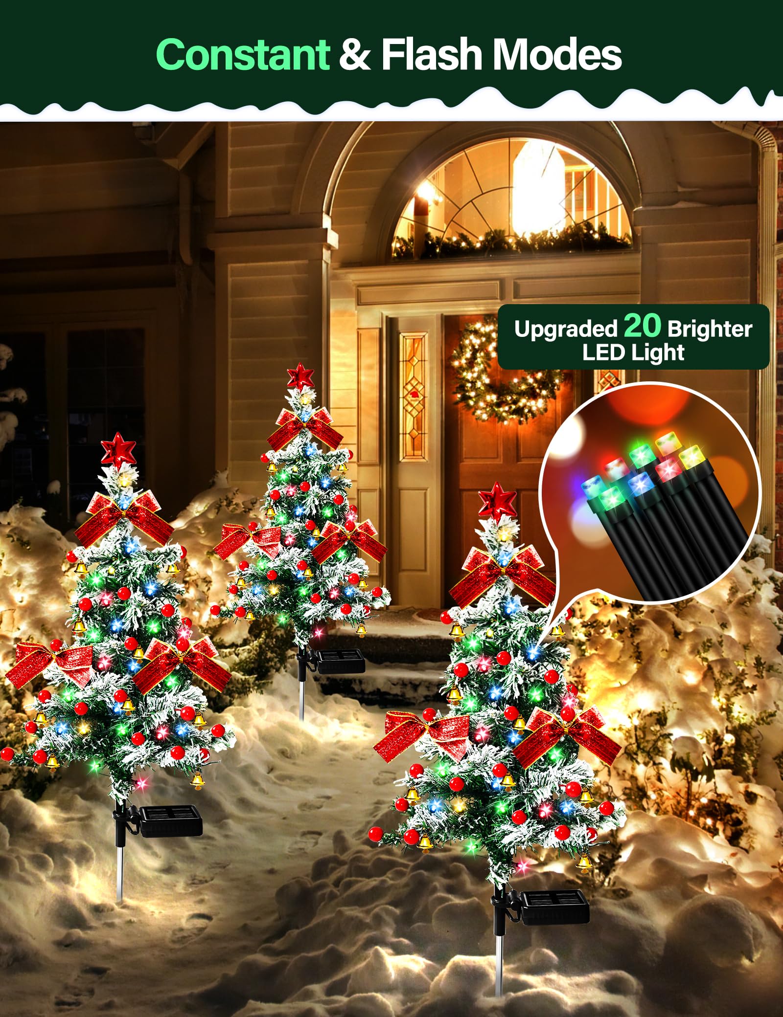 Solar Christmas Trees Lights Outdoor Decoration Waterproof, 40LED Small Solar Power Xmas Tree Pathway Lights, Solar Garden Decorative Stake Lights Yard Decor with Snow 2 Modes for Path Lawn Patio,2PCS