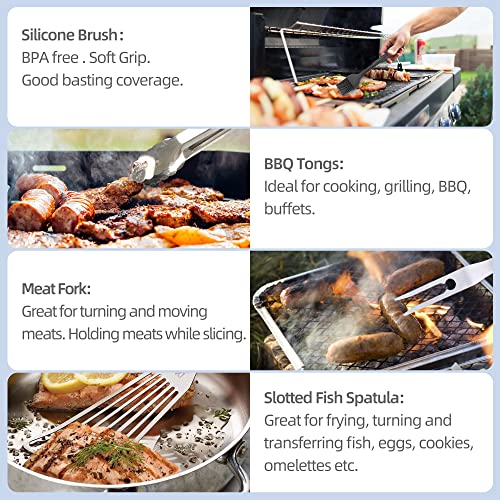 Griddle Accessories Kit, 14pc, Stainless Steel BBQ Barbecue Tools Set for Blackstone Flat Tops, Includes Spatulas, Tongs, Scraper Tools, Brush, Fork, Squeeze Bottles, Carrying Bag