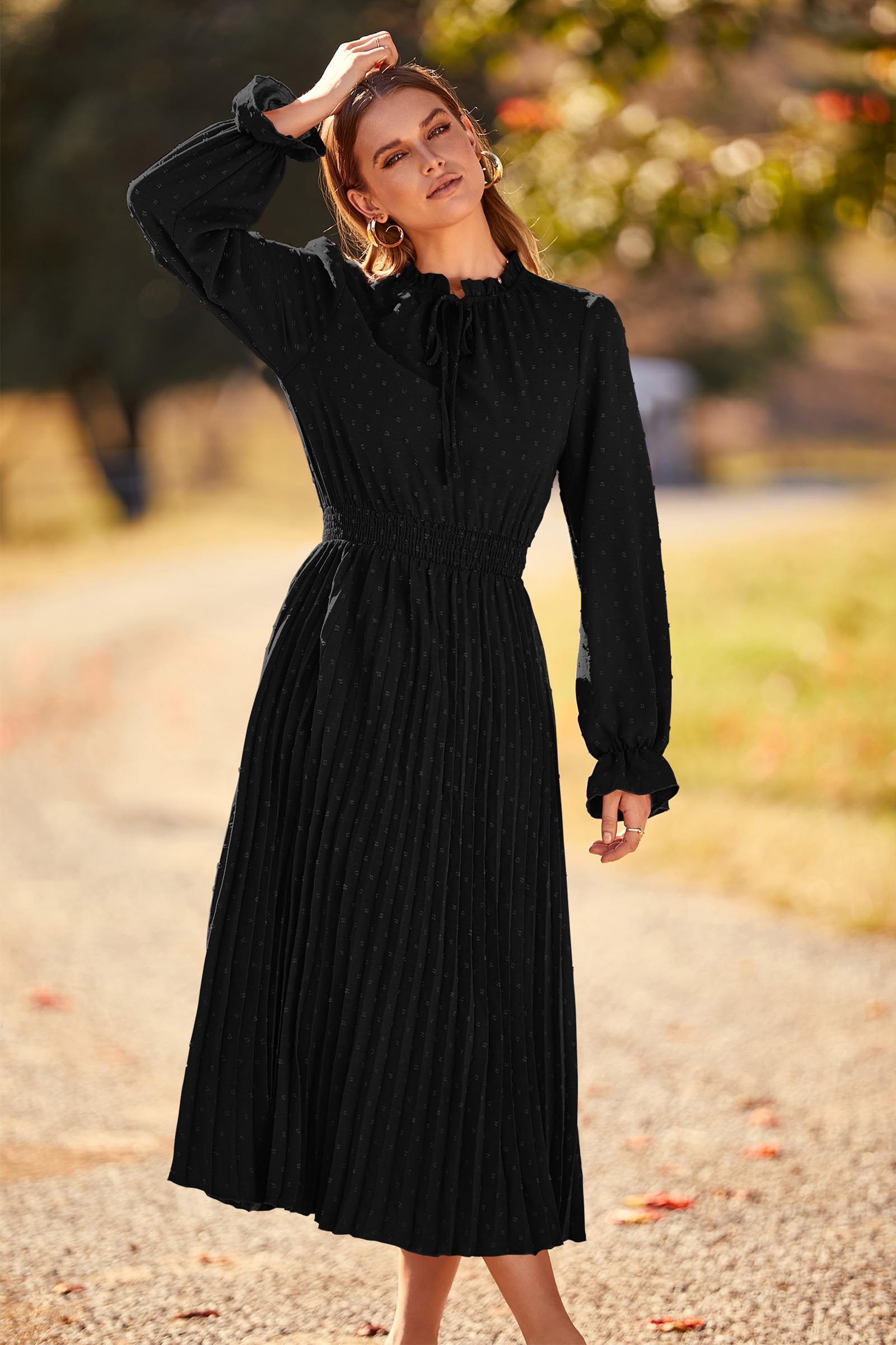 PRETTYGARDEN Women's 2024 Fall Midi Dress Casual Long Sleeve V Neck Swiss Dot Pleated A Line Flowy Dresses (Black,Medium)
