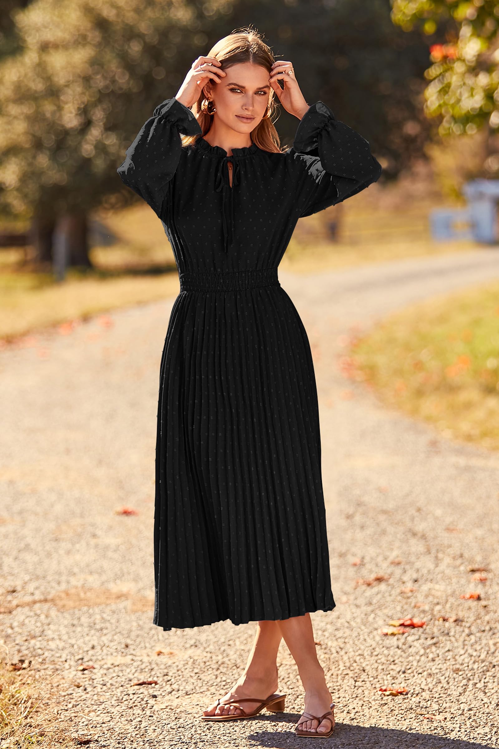 PRETTYGARDEN Women's 2024 Fall Midi Dress Casual Long Sleeve V Neck Swiss Dot Pleated A Line Flowy Dresses (Black,Medium)