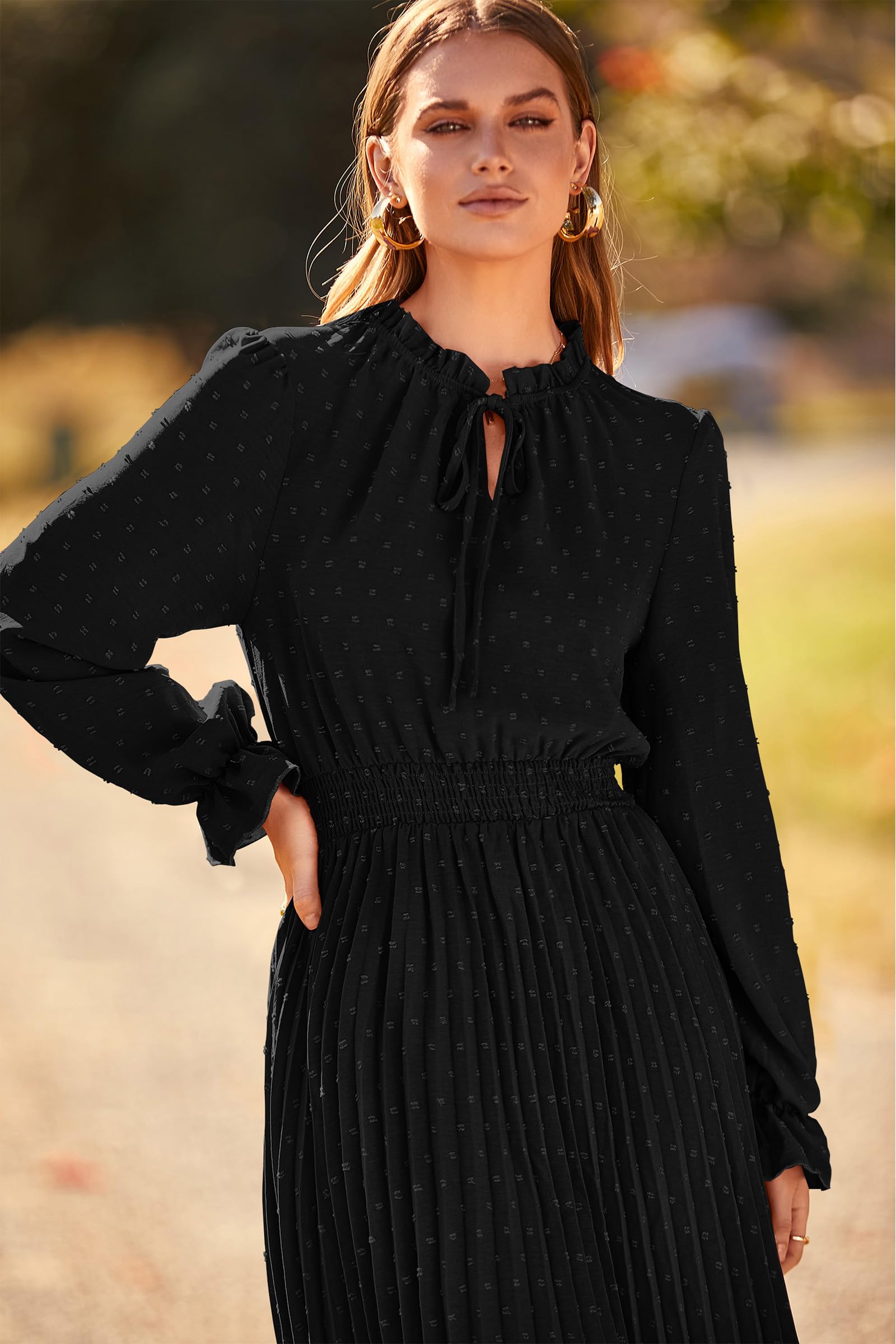 PRETTYGARDEN Women's 2024 Fall Midi Dress Casual Long Sleeve V Neck Swiss Dot Pleated A Line Flowy Dresses (Black,Medium)
