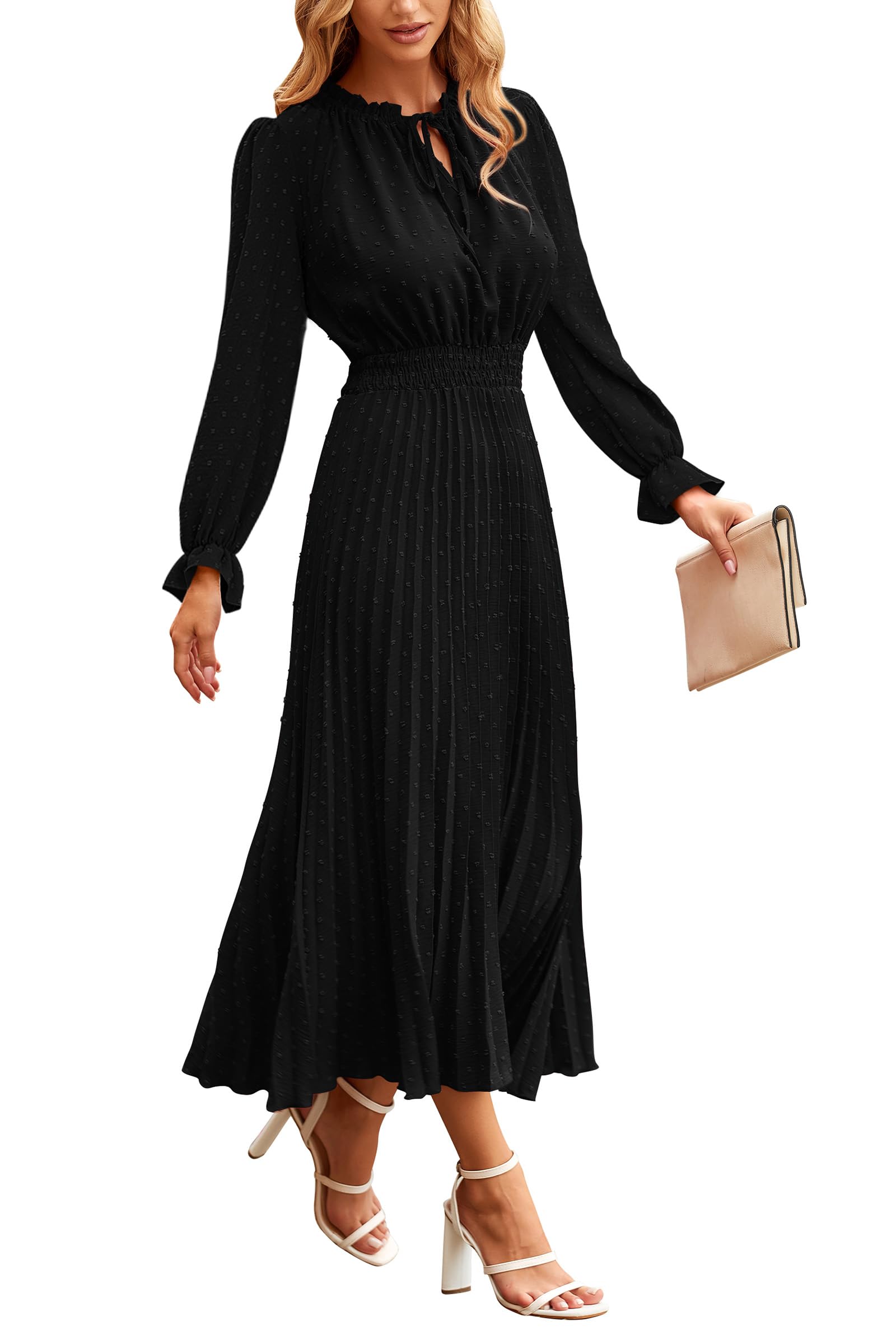 PRETTYGARDEN Women's 2024 Fall Midi Dress Casual Long Sleeve V Neck Swiss Dot Pleated A Line Flowy Dresses (Black,Medium)