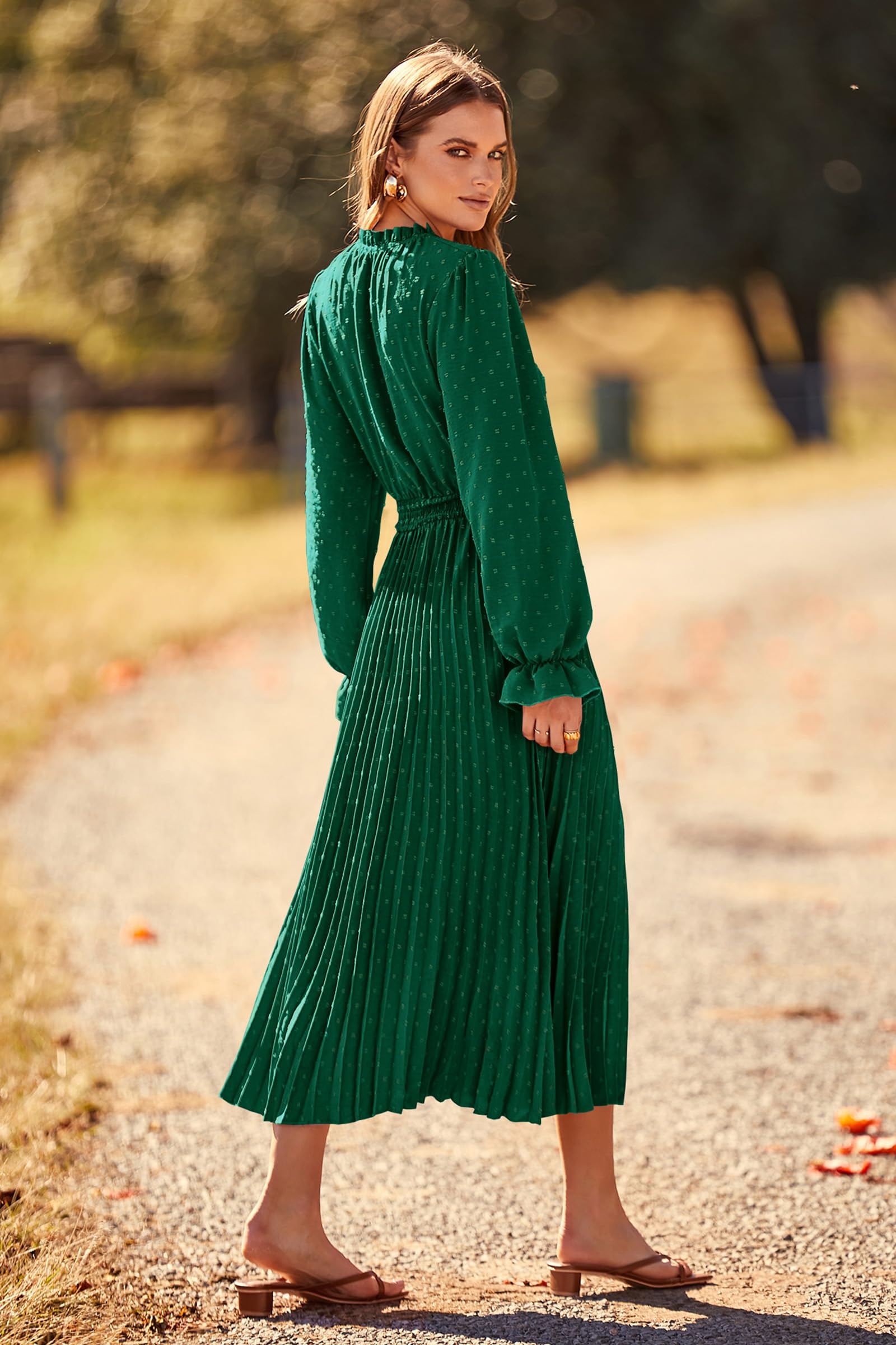 PRETTYGARDEN Women's 2025 Spring Fall Midi Dress Casual Long Sleeve V Neck Swiss Dot Pleated A Line Flowy Dresses (Dark Green,Medium)