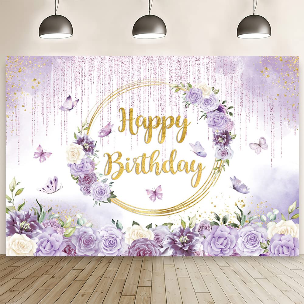 MEHOFOND 10x7ft Spring Purple Floral Happy Birthday Backdrop Girl Violet Dripping Glitter Bday Photography Background Princess Bday Party Banner Cake Smash Gold Spots Vinyl Decor Photo Studio Prop