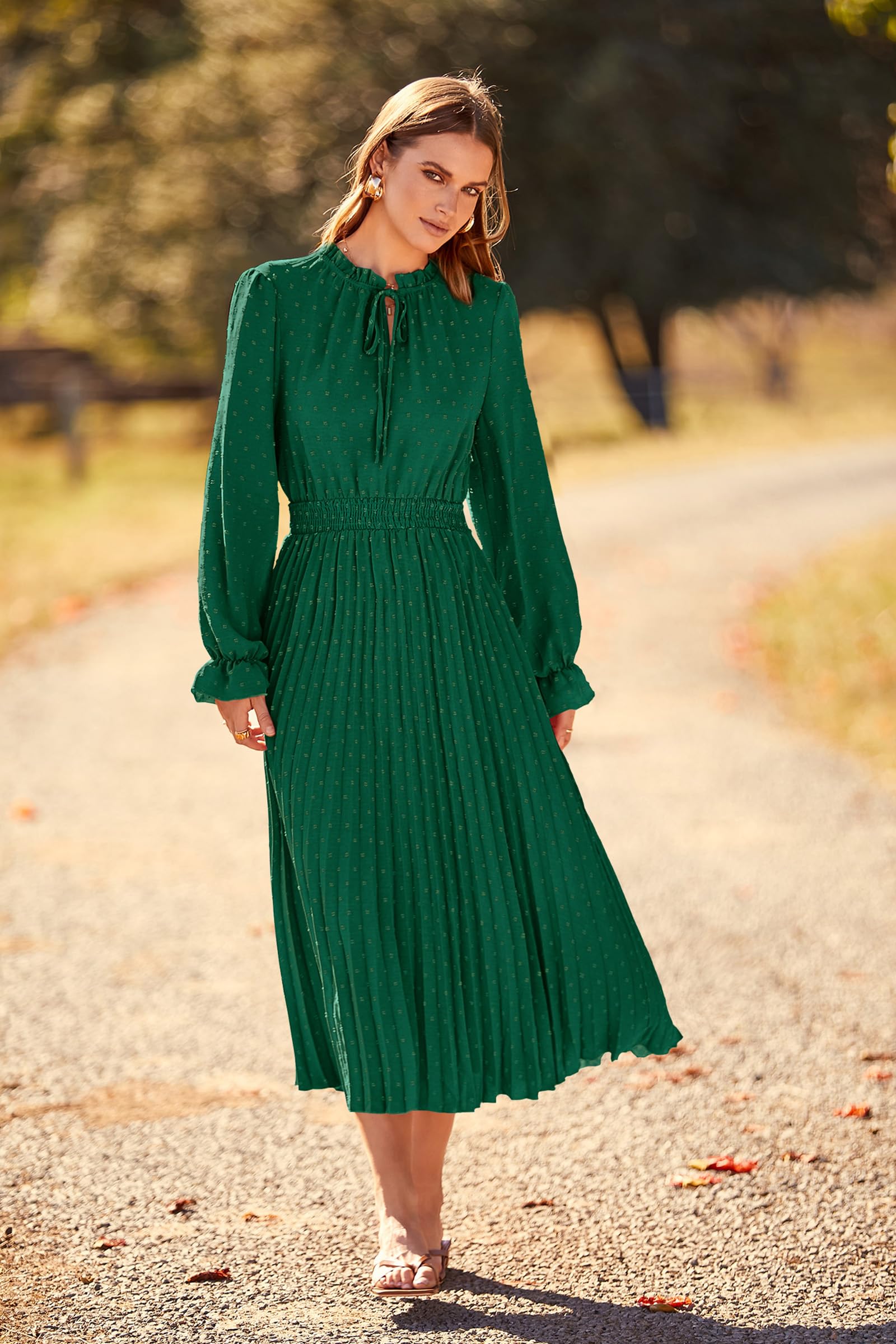 PRETTYGARDEN Women's 2025 Spring Fall Midi Dress Casual Long Sleeve V Neck Swiss Dot Pleated A Line Flowy Dresses (Dark Green,Medium)