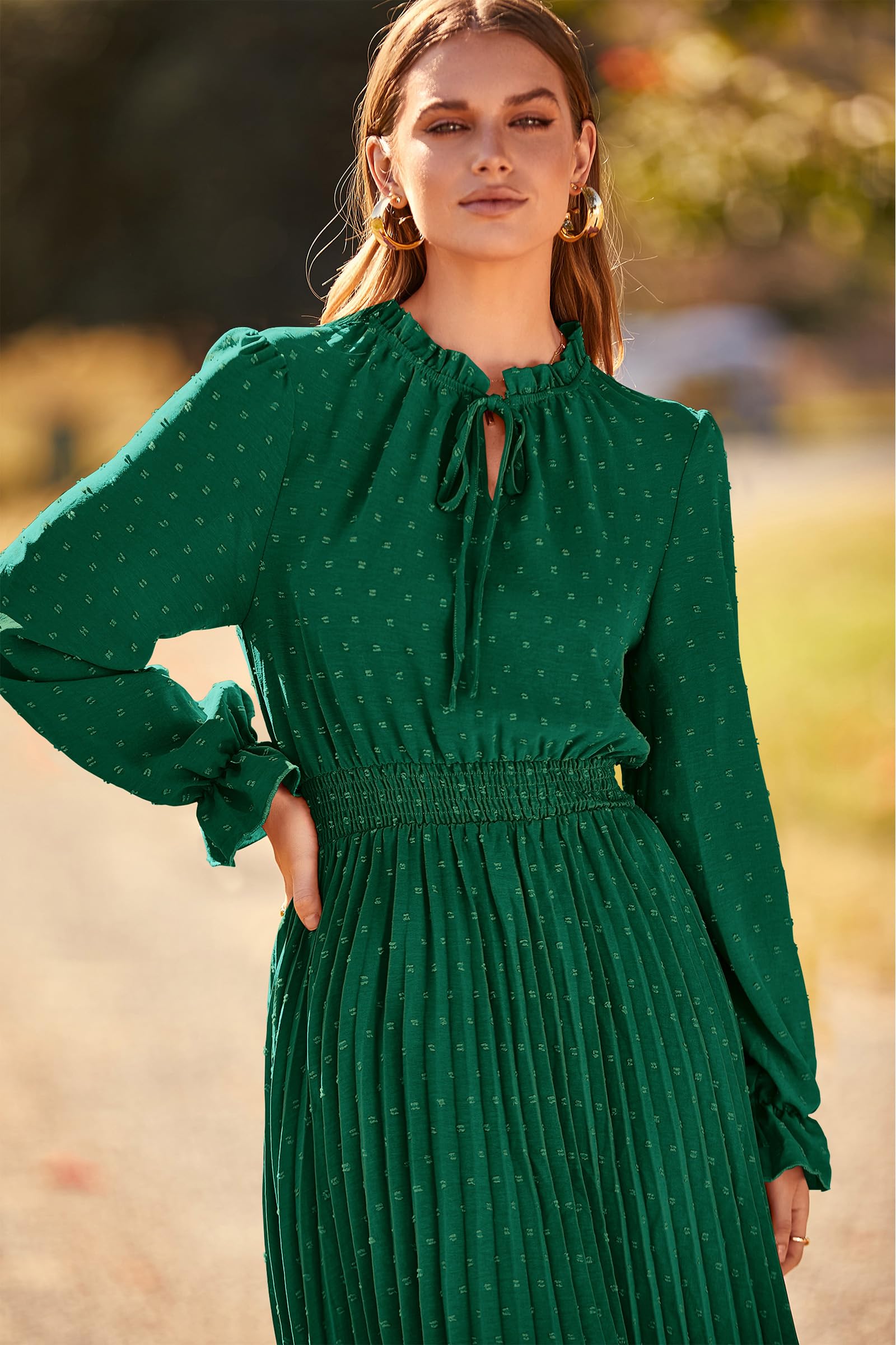 PRETTYGARDEN Women's 2025 Spring Fall Midi Dress Casual Long Sleeve V Neck Swiss Dot Pleated A Line Flowy Dresses (Dark Green,Medium)