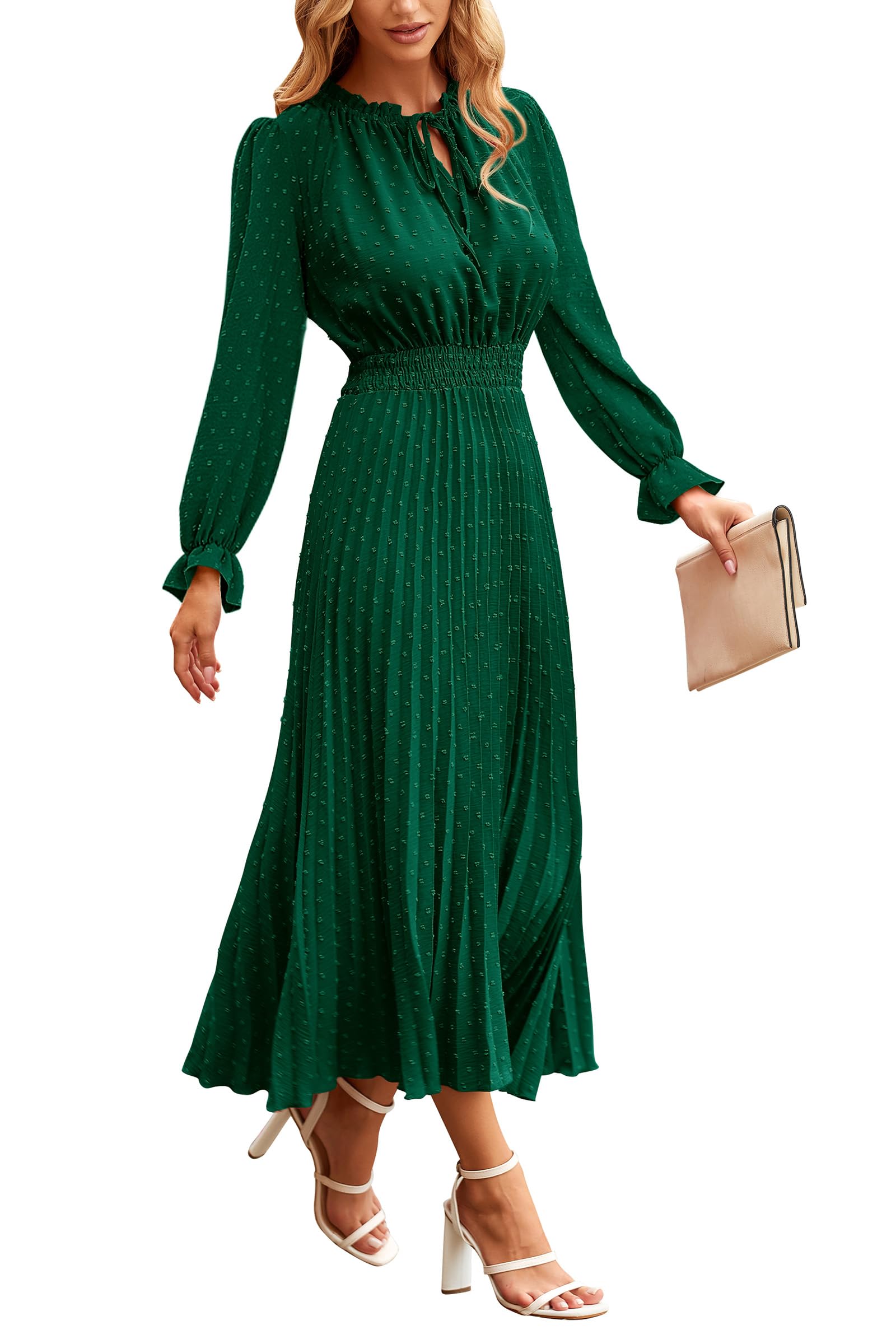 PRETTYGARDEN Women's 2025 Spring Fall Midi Dress Casual Long Sleeve V Neck Swiss Dot Pleated A Line Flowy Dresses (Dark Green,Medium)